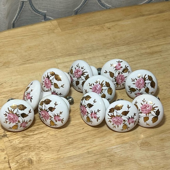 Unknown | Accents | Vintage Drawer Cabinet Pulls Handles Knobs Ceramic Floral Pink Roses Gold ...